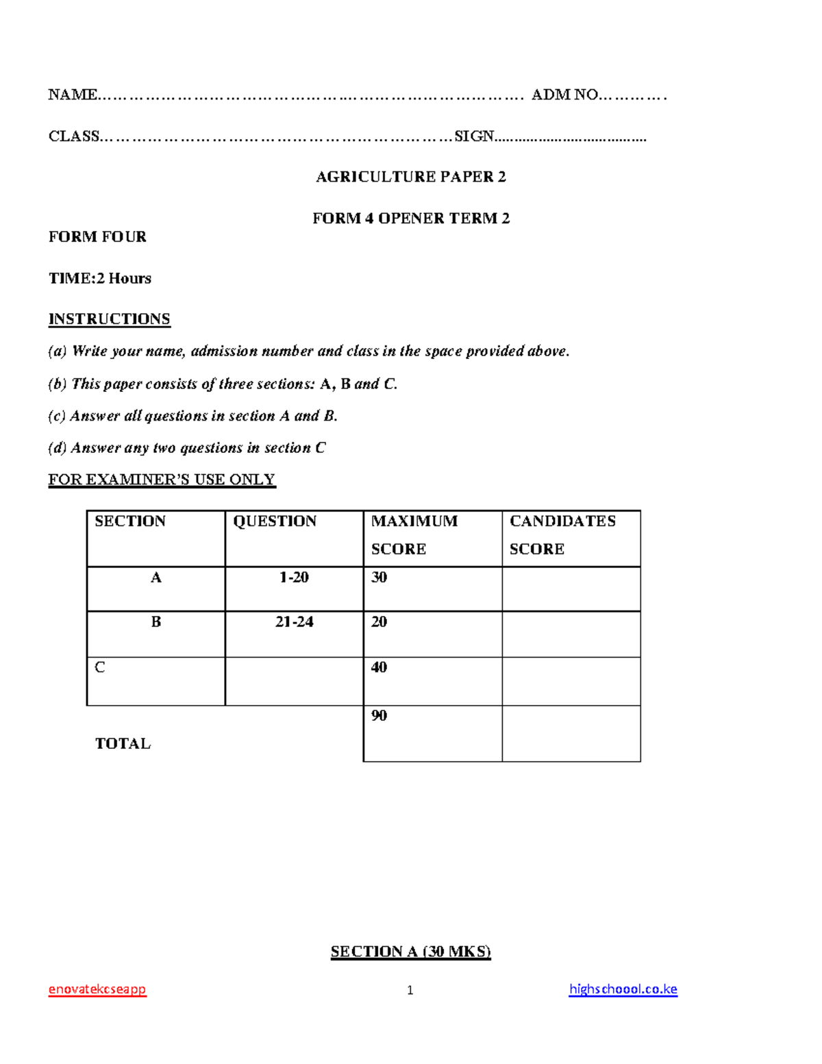 Form 4 Agriculture - Paper 2 - Opener Term 2 Exam Questions - Studocu