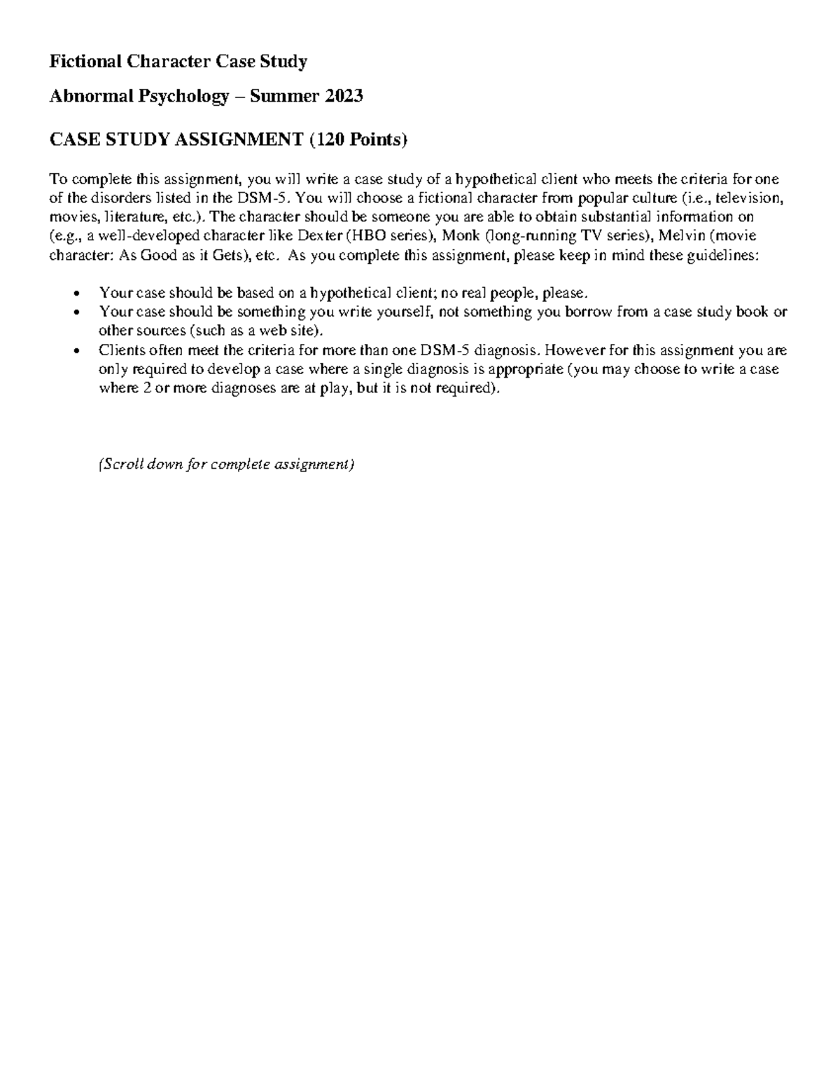 Abnormal Psychology Case Study: Fictional Character Analysis (Summer ...