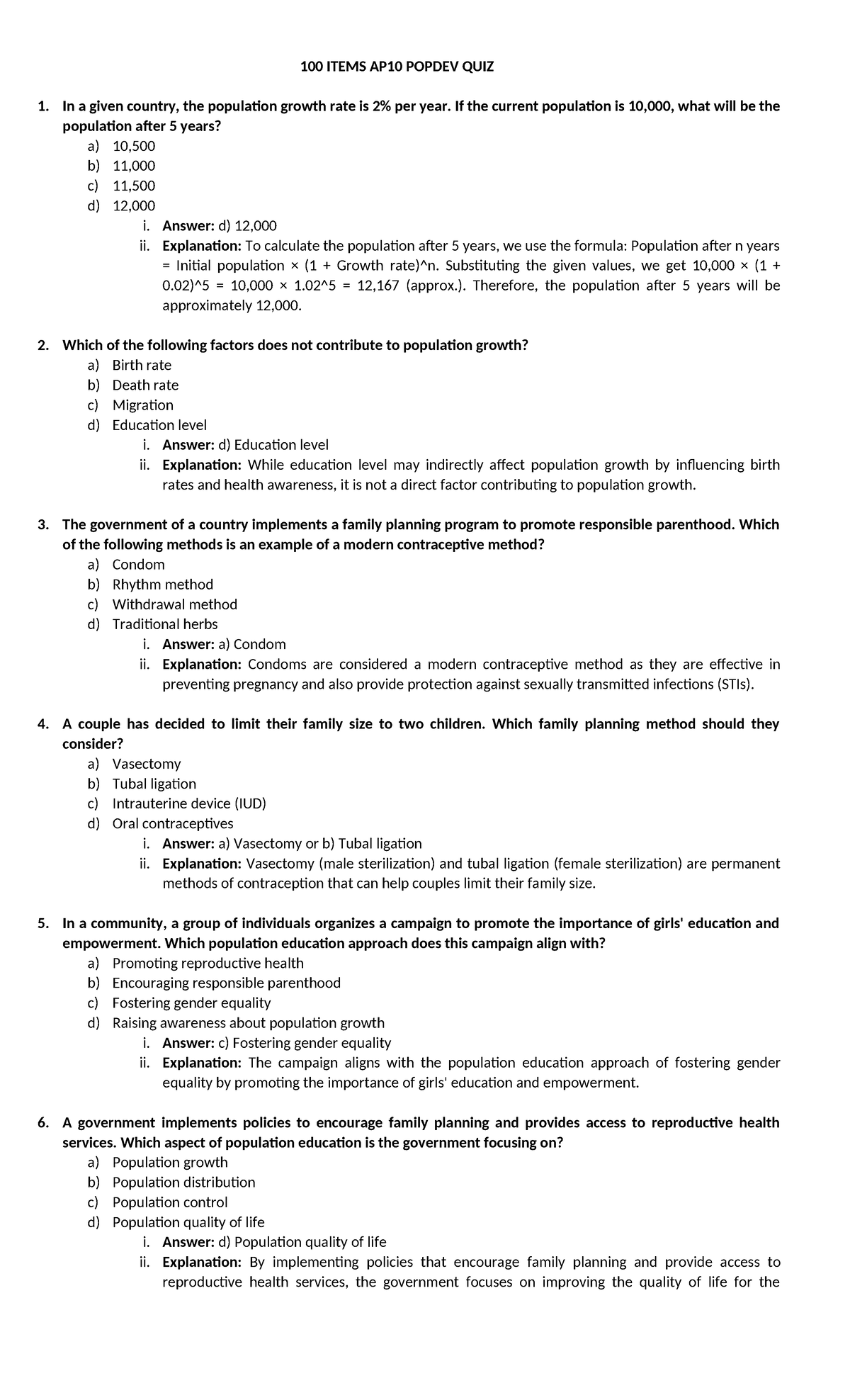 AP10 POPDEV QUIZ 1: Population Growth and Family Planning Insights ...