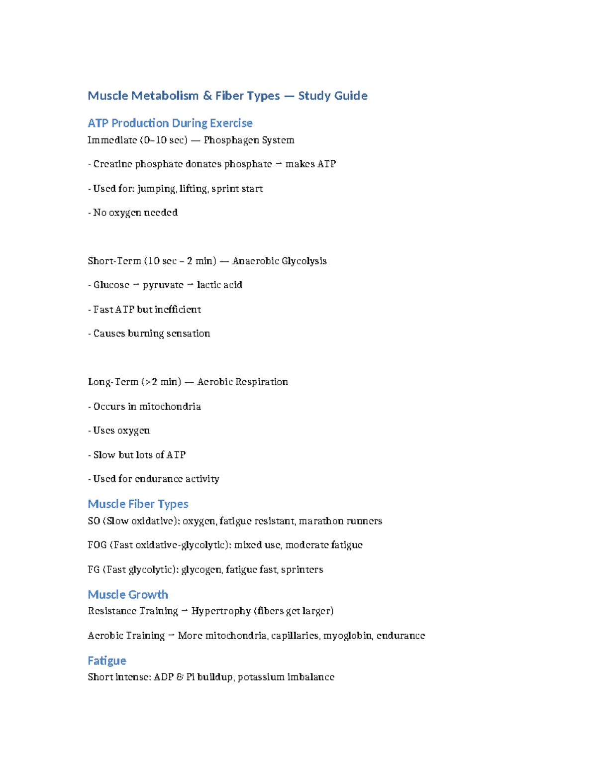 Muscle Metabolism Study Guide: Fiber Types & ATP Production (Part 2 ...