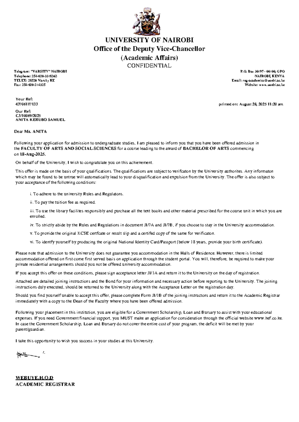 Admission Offer Letter for B.A. - C3 10069 2025 - Studocu