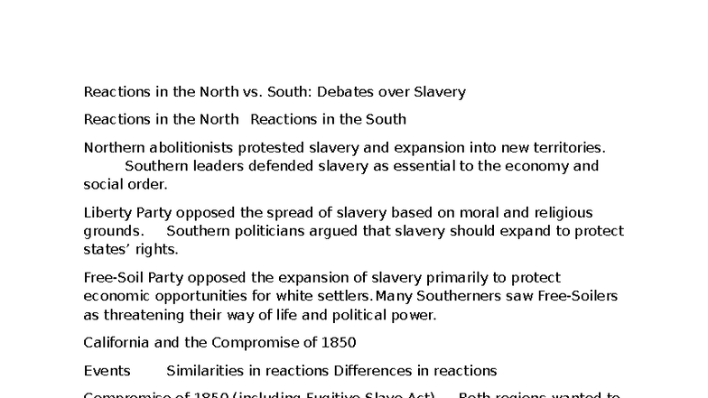 Reactions to Slavery: North vs. South - A Comparative Analysis - Studocu