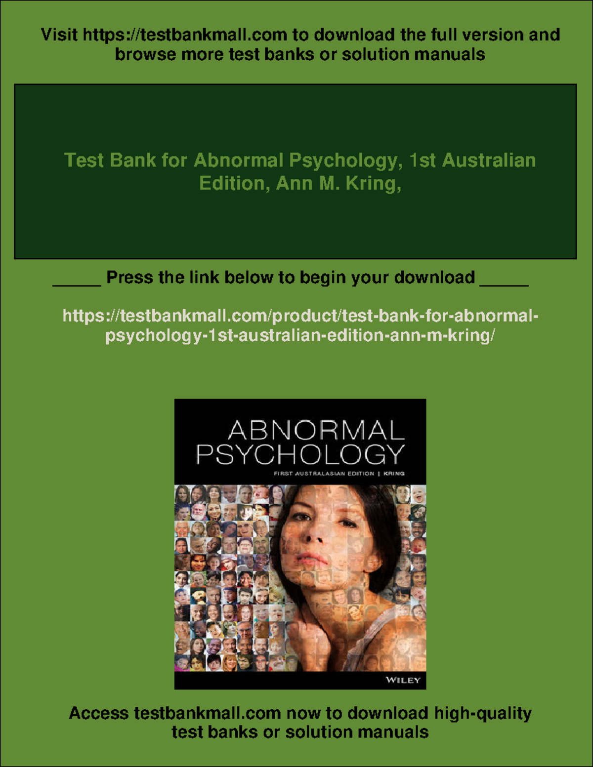 Test Bank for Abnormal Psychology, 1st Australian Edition by Ann M ...