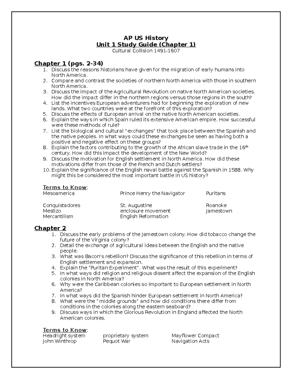 AP US History Unit 1 Study Guide: Cultural Collision and Colonization ...