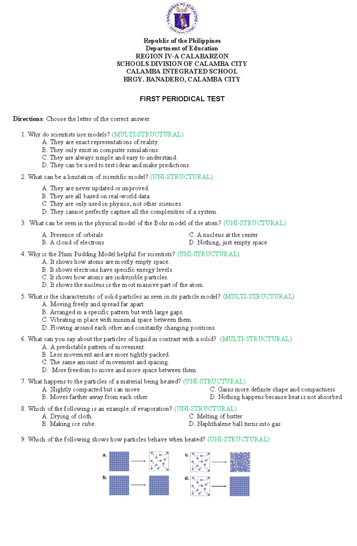 SCI 101: First Periodical Test in Science - Model & Measurement ...