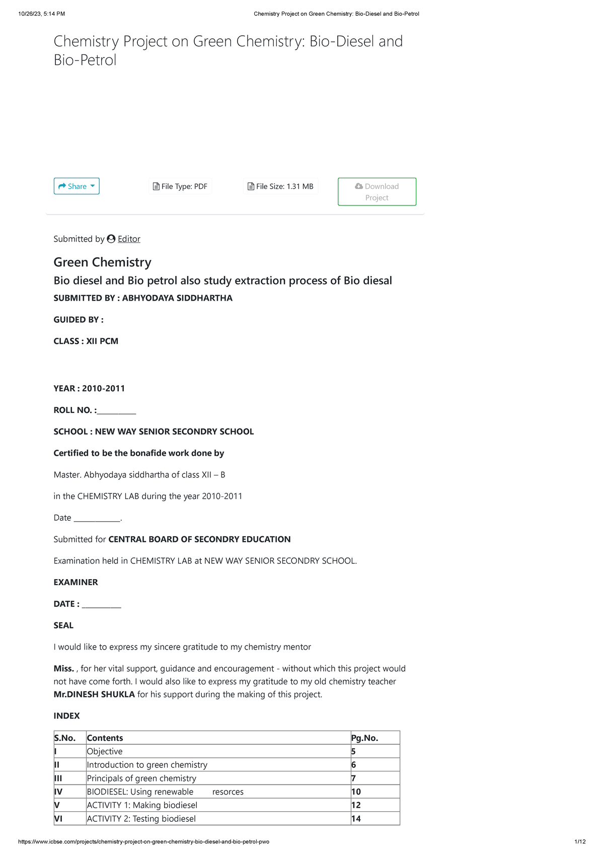 Chemistry Project: Green Chemistry Biodiesel & Biopetrol (Class XII ...