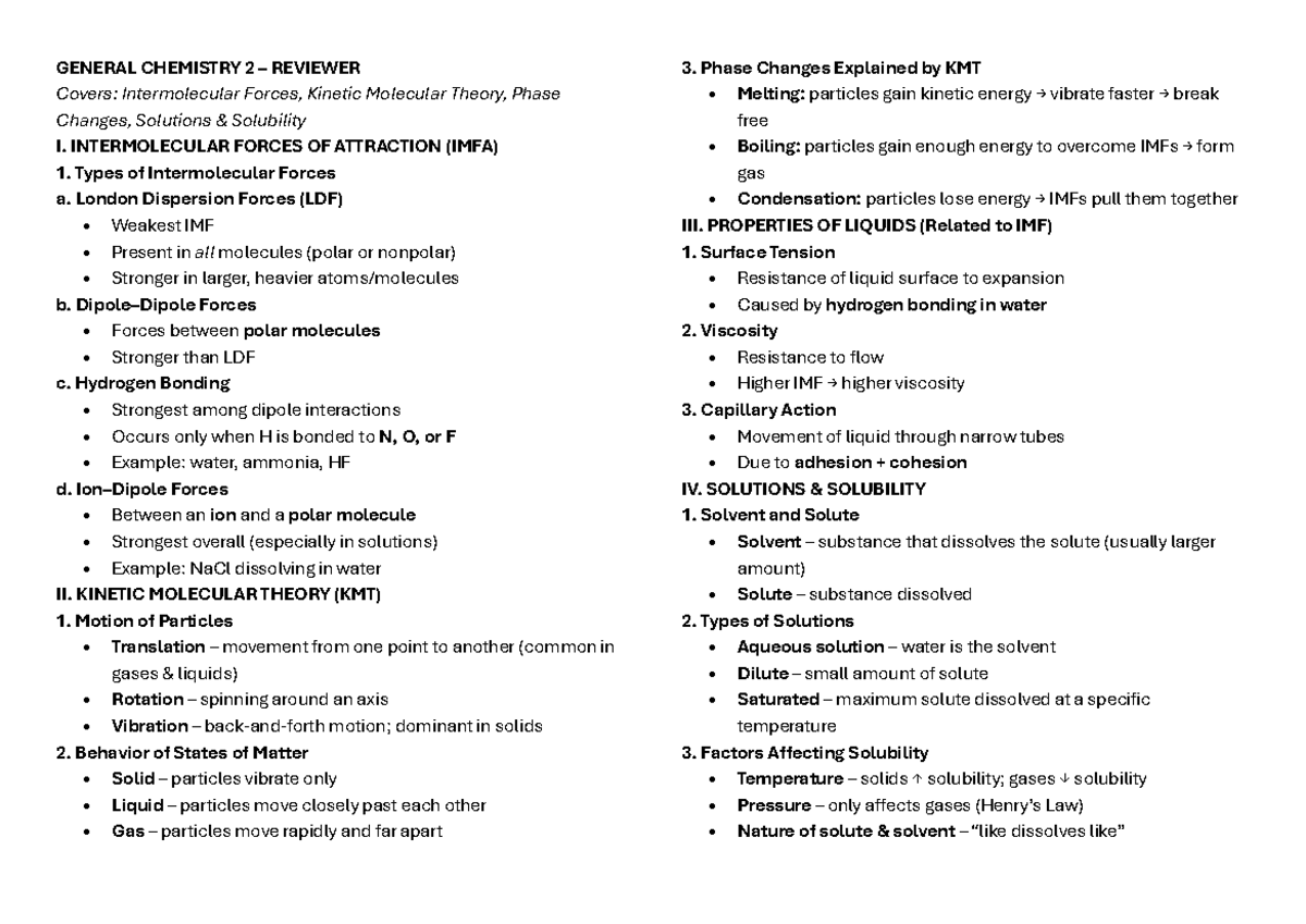 GENERAL CHEMISTRY 2 REVIEWER: Intermolecular Forces & KMT Insights ...