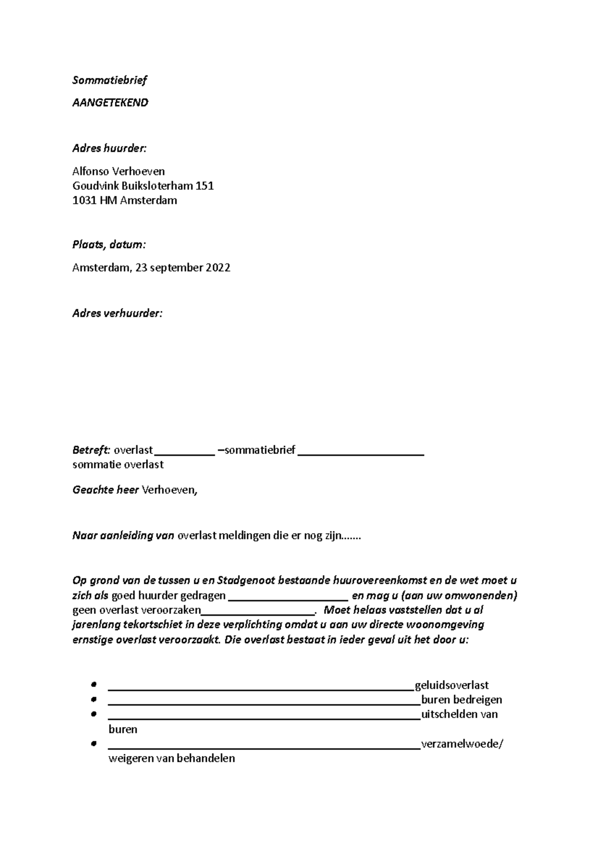 Sommatiebrief Overlast - Les 2 Deel 2 Rechtsformat - Studeersnel