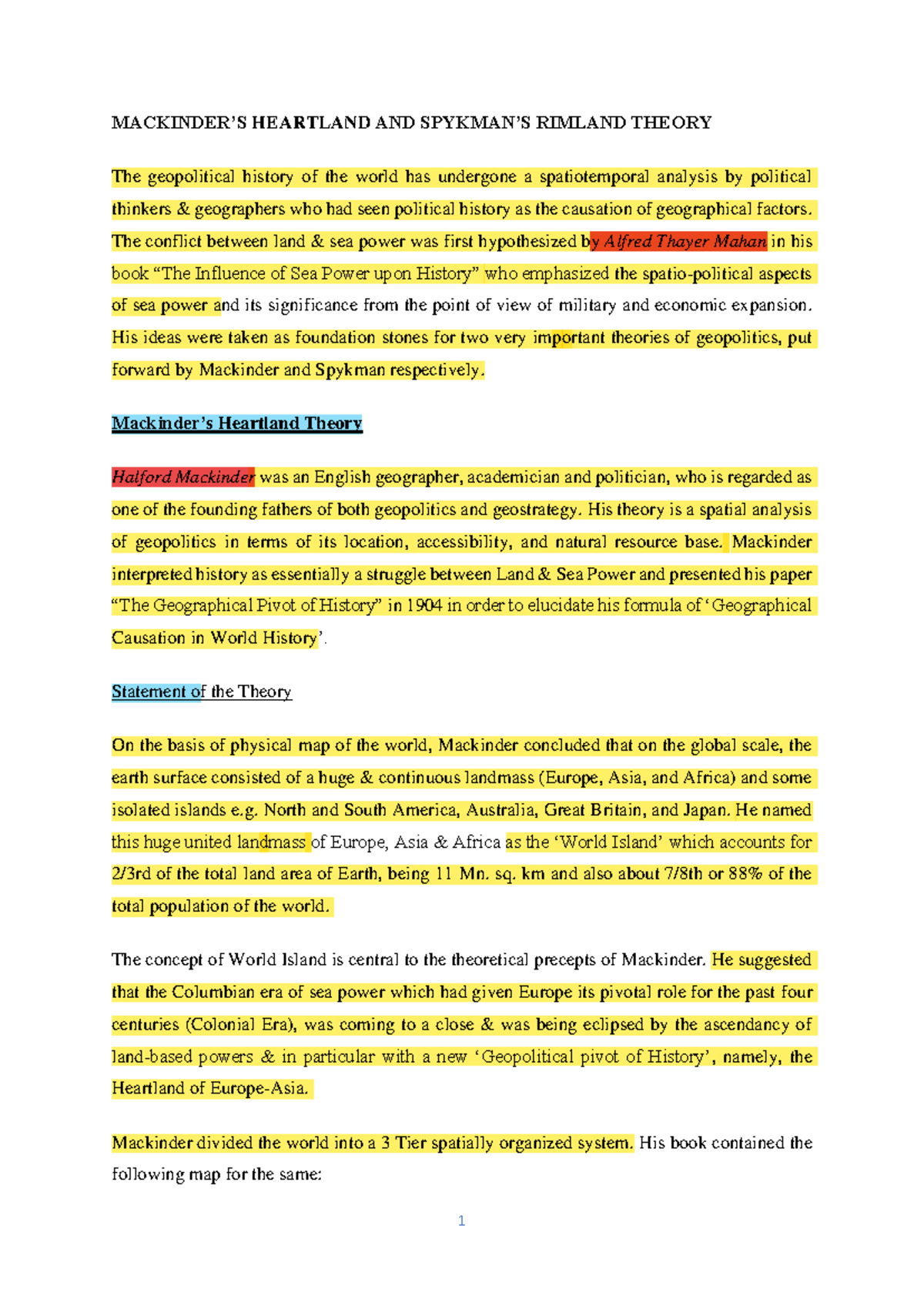 Theories - Rimland heartland - MACKINDER’S HEARTLAND AND SPYKMAN’S ...