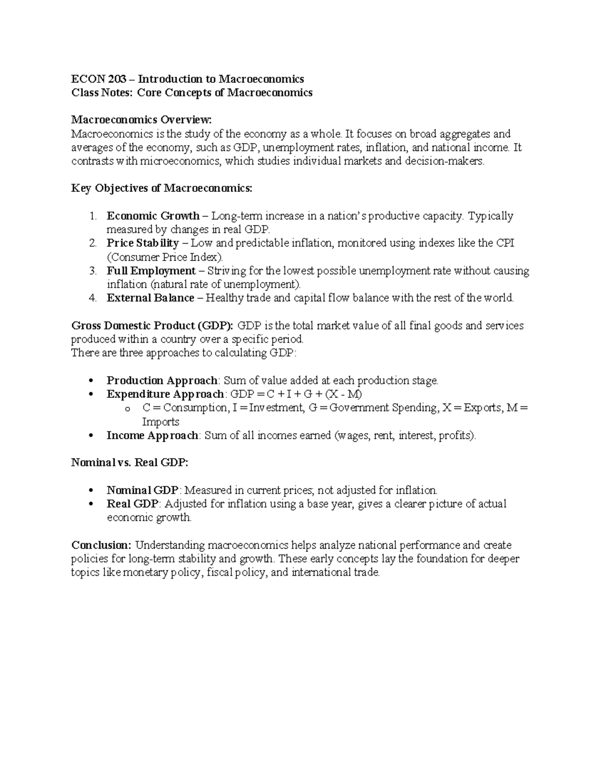 ECON 203 class notes: core concepts of macroeconomics overview - Studocu
