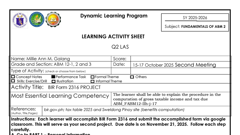 Dynamic Learning Program: ABM 2 Q2 LAS - BIR Form 2316 Project - Studocu