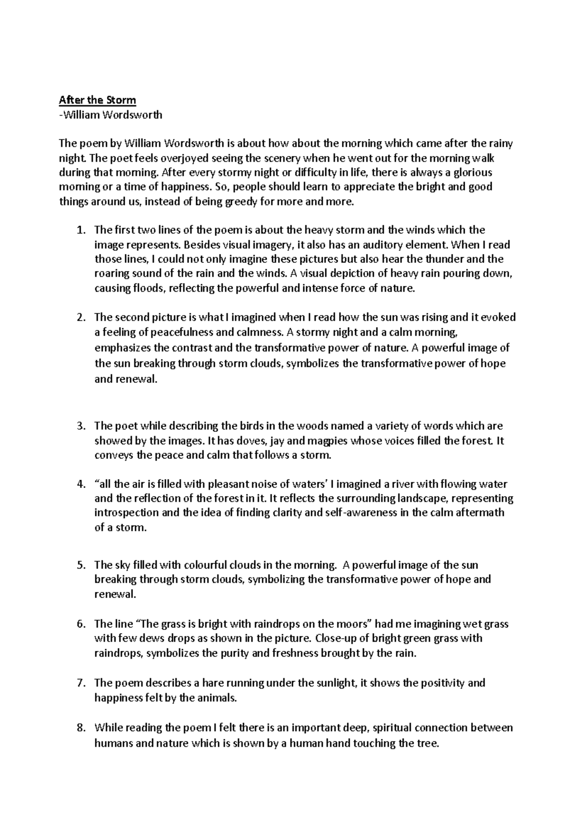 Poetry Analysis: "After the Storm" by Wordsworth - Studocu