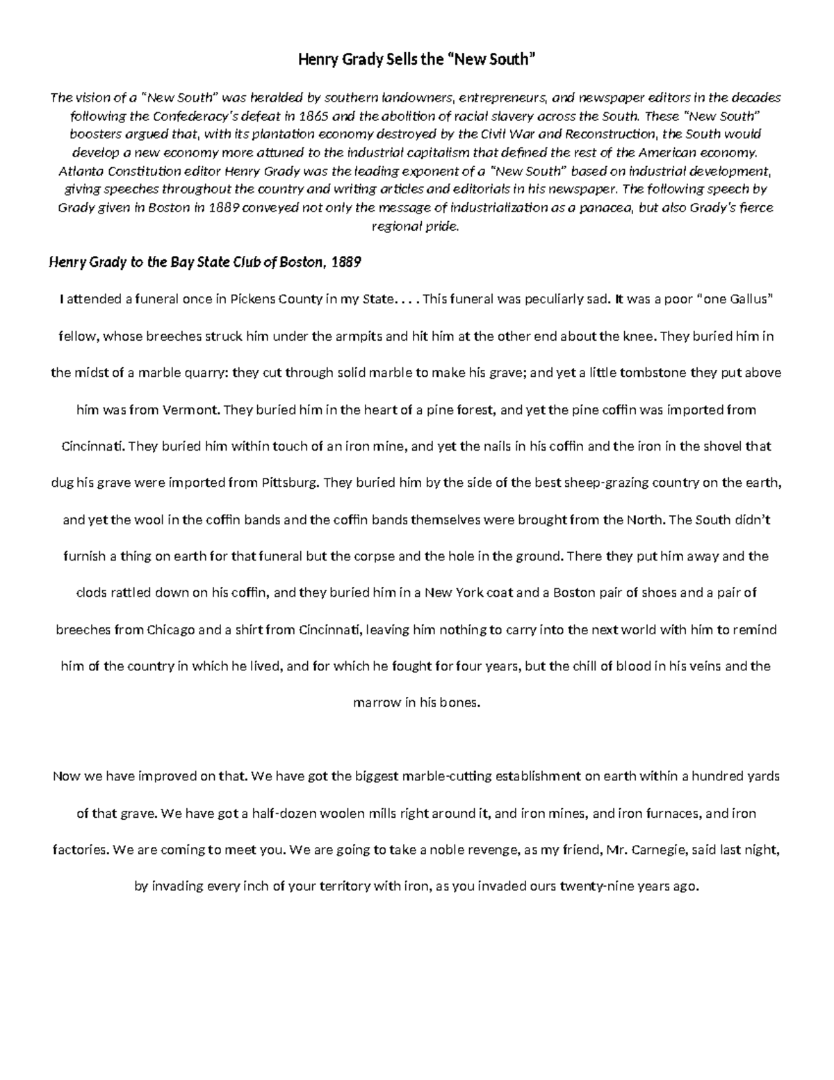 Henry Grady's 1889 Speech on the "New South" Vision - Studocu