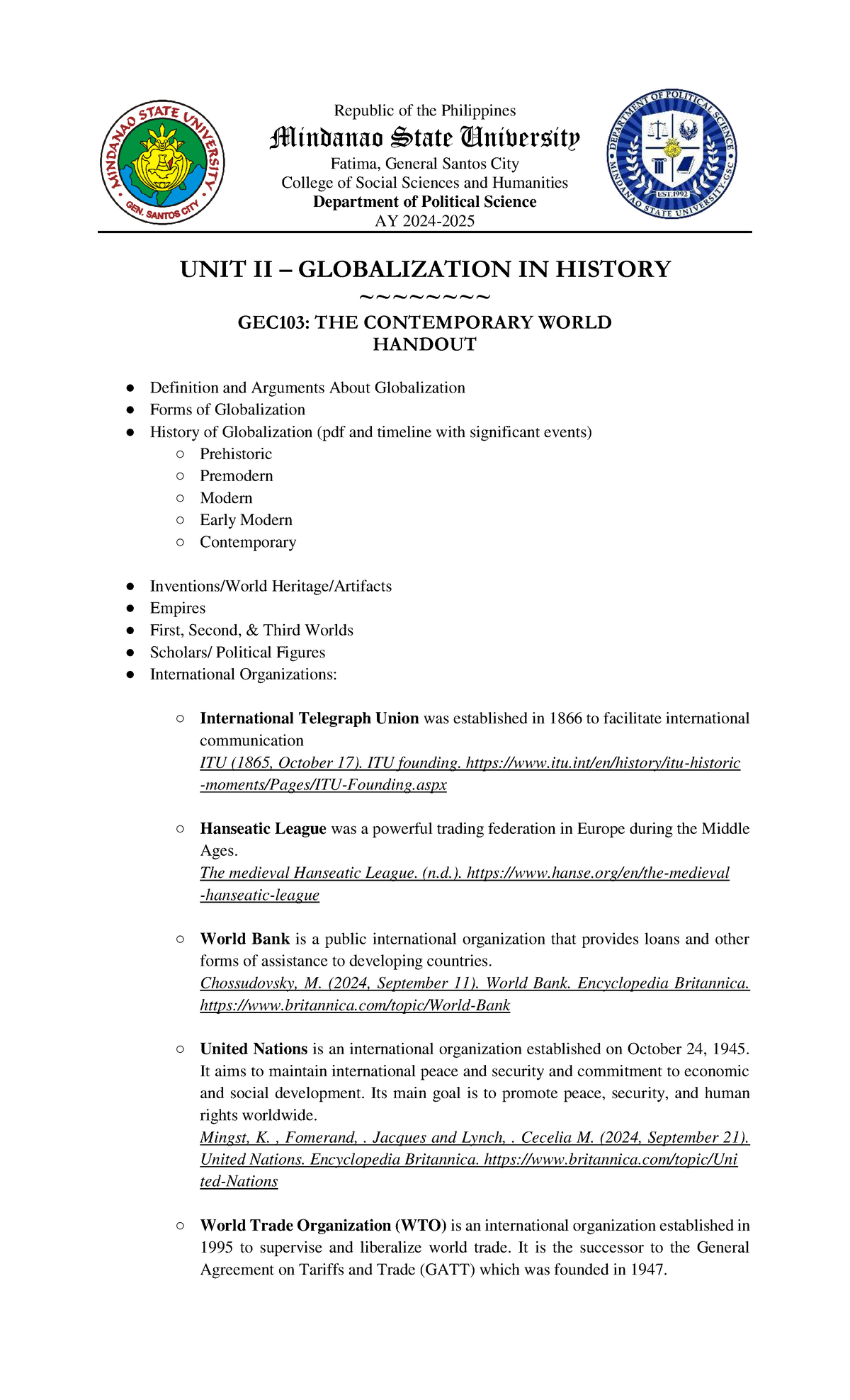 GEC103: The Contemporary World - Unit II Globalization Handout - Studocu