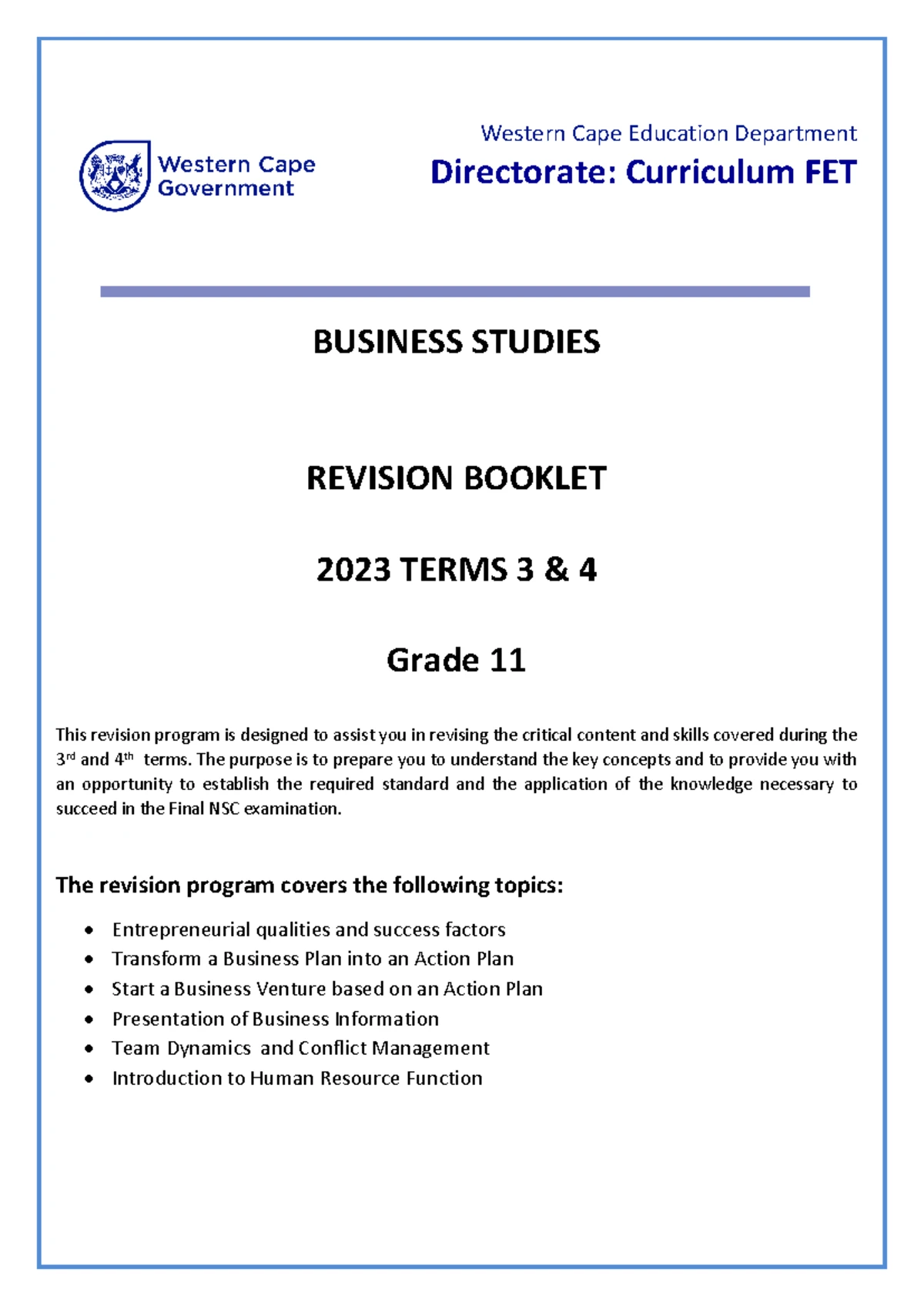 2023 BSTD GR11 Final Exam Guidelines for Papers 1 & 2 - Studocu