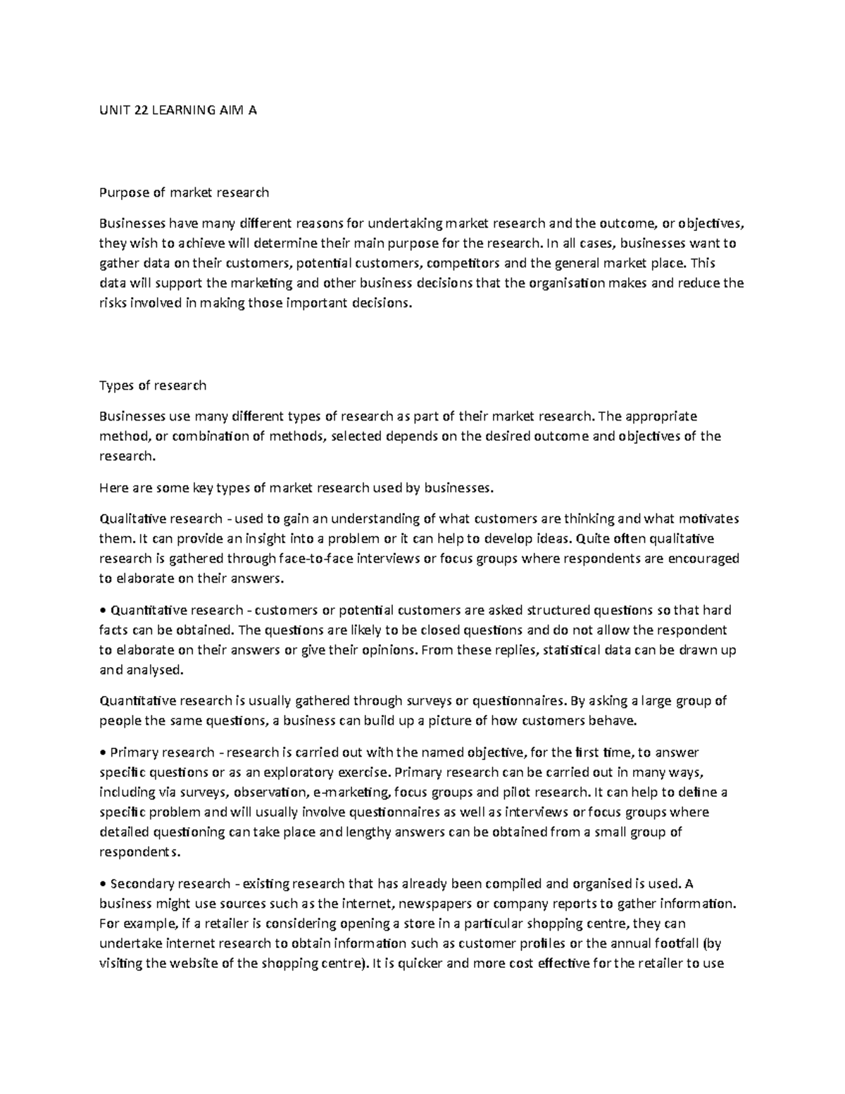 Pearson BTEC National Business Unit 22 Learning Aim A - UNIT 22 ...