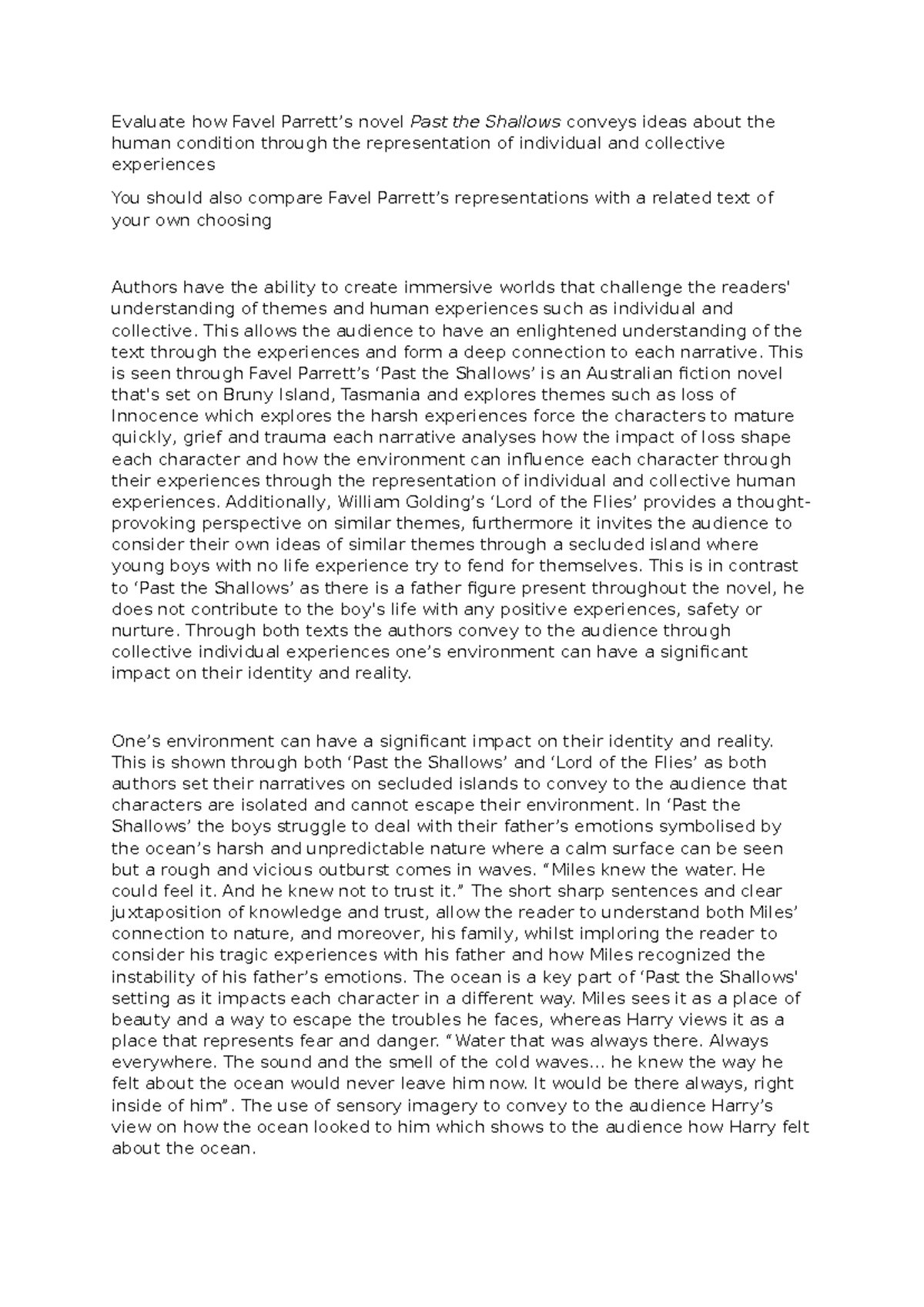 Favel Parret Essay: Exploring Human Condition in "Past the Shallows ...