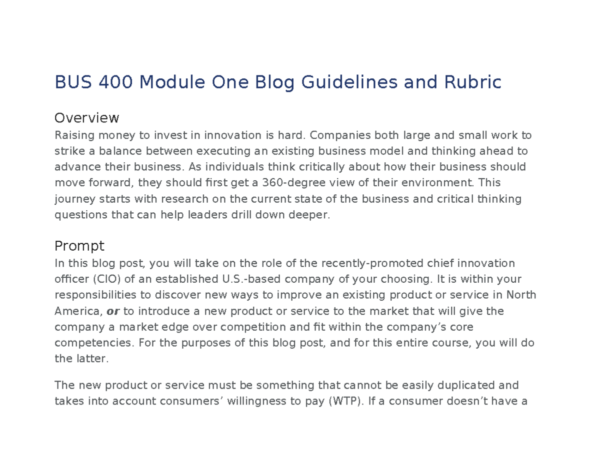 BUS 400 Blog: Innovative Product or Service Analysis Guidelines - Studocu