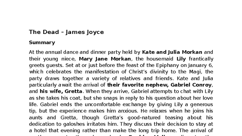 The Dead (Dubliners) - Summary and Analysis of Joyce's Story - Studocu