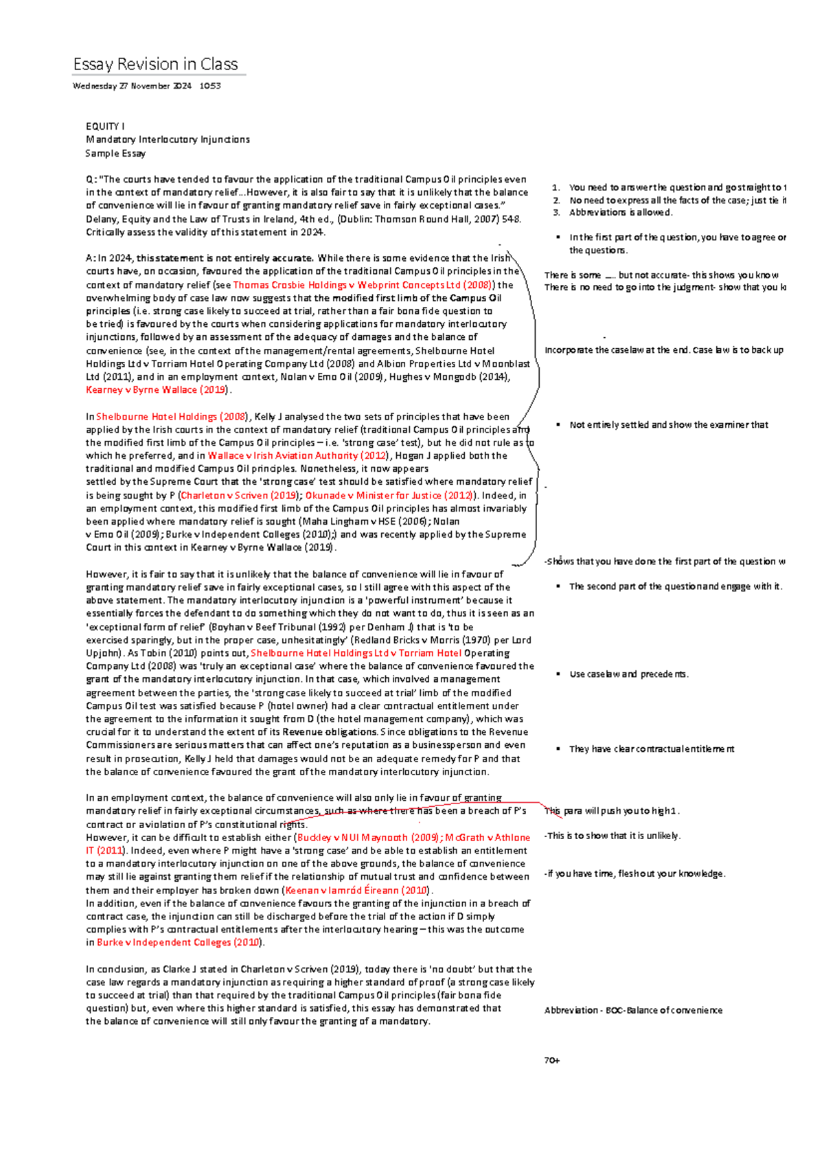 Equity I Sample Essay: Mandatory Interlocutory Injunctions Analysis - Studocu