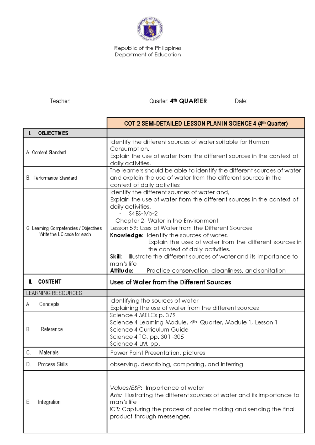 Science 4- Water Cycle - LESSON PLAN - Republic of the Philippines ...