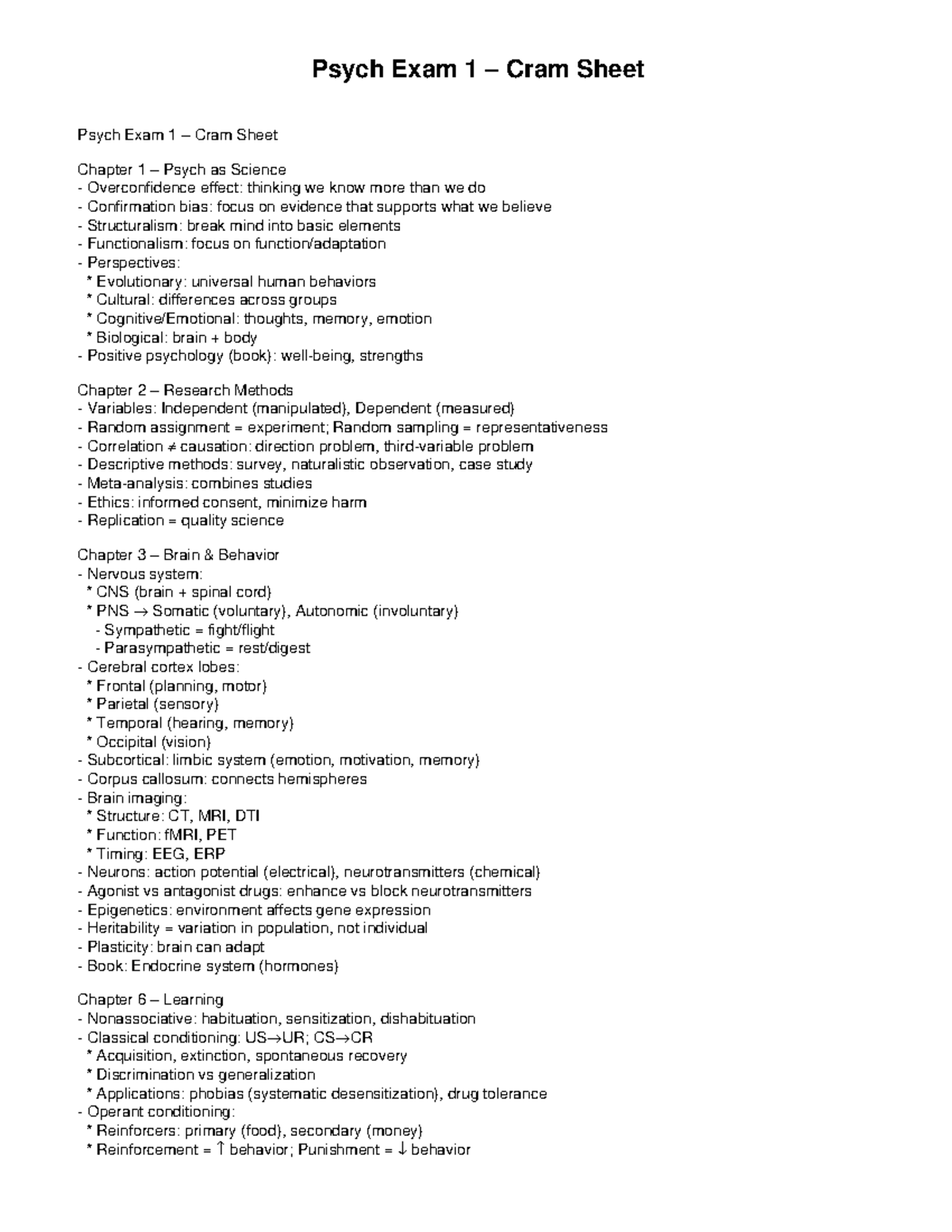 Psych 101 Exam 1 Cram Sheet: Key Concepts & Methods - Studocu