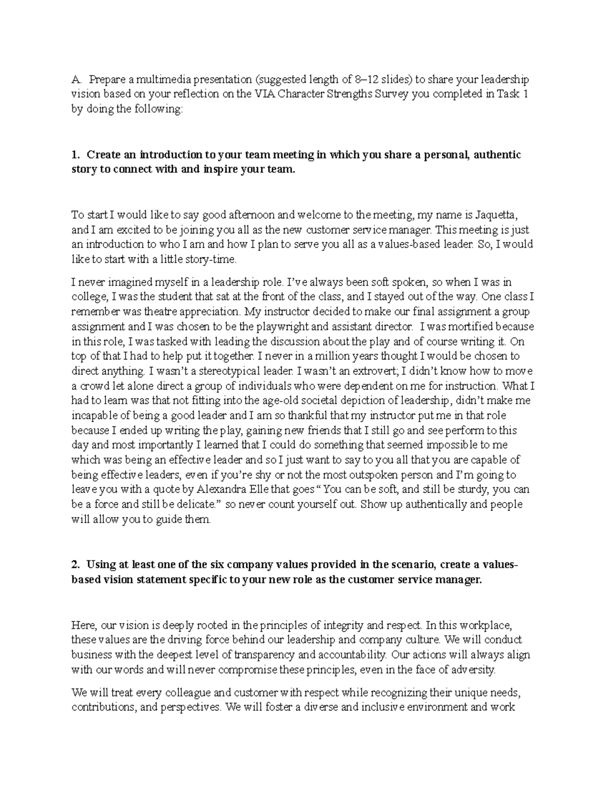 D253 Task 1 - passed - D253 - TASK 1: Becoming an Effective Values ... D253 Task 1 - passed - D253 - TASK 1: Becoming an Effective Values ...