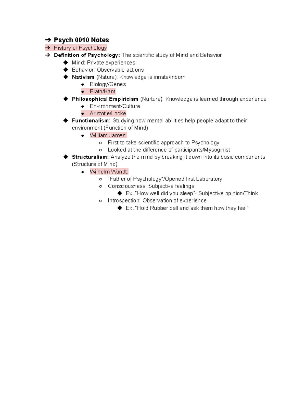 Psych 0010: Intro to Psychology TA Notes on History & Definitions - Studocu