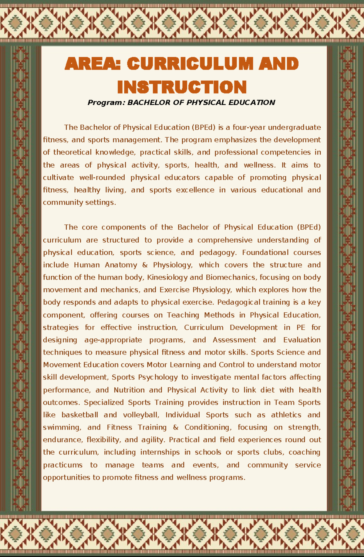 BPEd Curriculum and Instruction Overview for Physical Education - Studocu