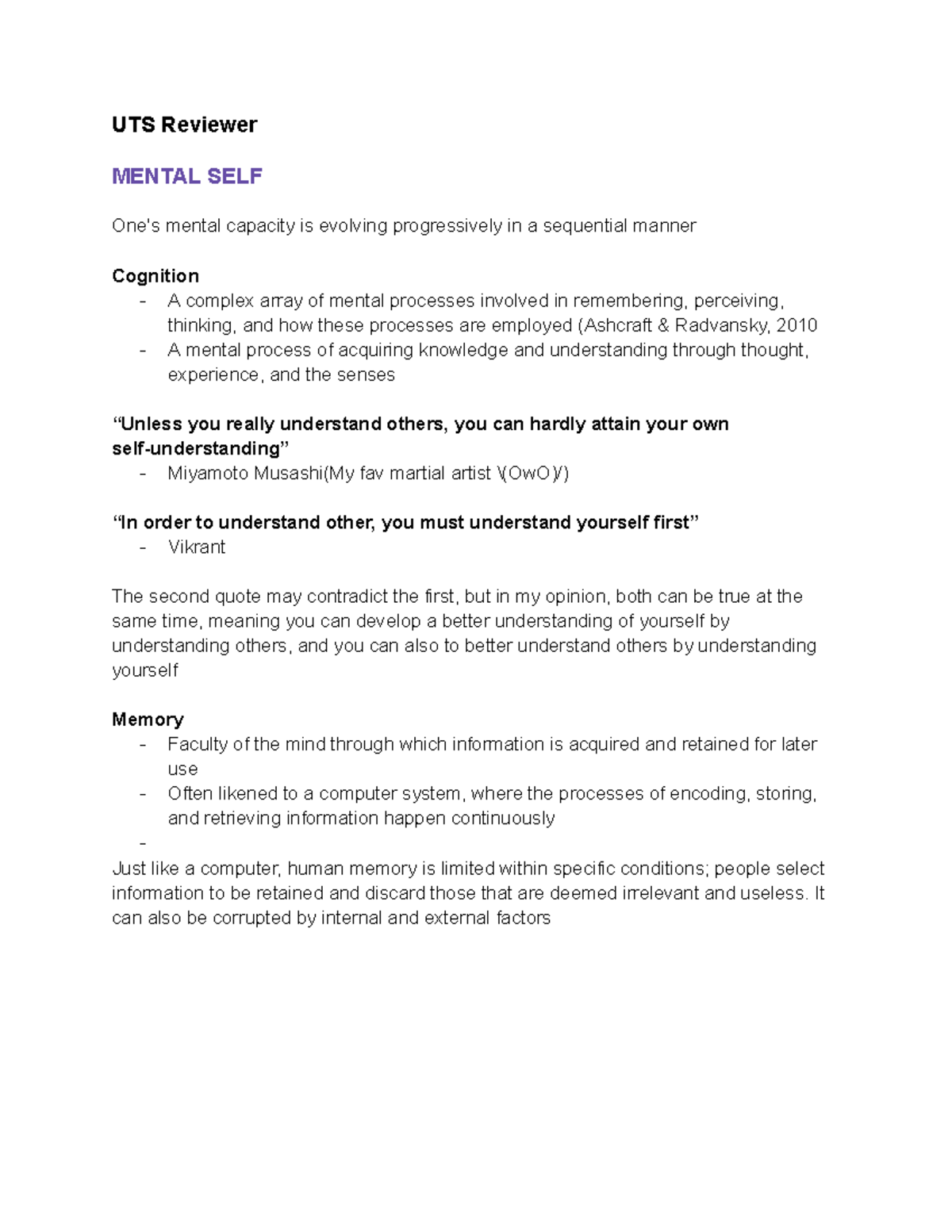 UTS Reviewer - Review Materials - UTS Reviewer MENTAL SELF One's mental ...