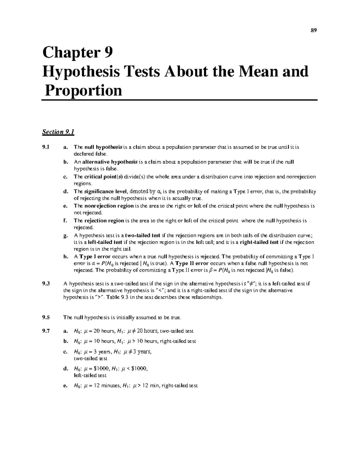 MATH Wiley Student Solutions Manual Chapter 9 - Chapter 9 Hypothesis ...