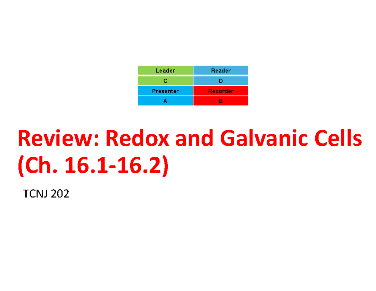 Redox and Galvanic Cells Review (Ch. TCNJ 16.1-16.2) - Studocu