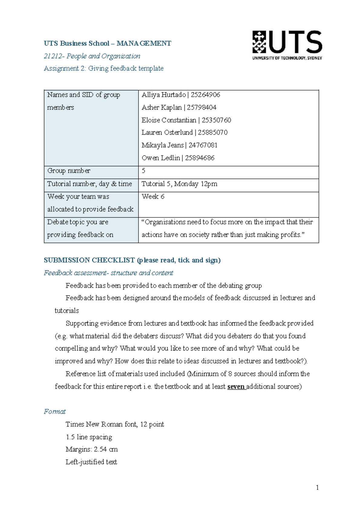 UTS Business School MANAGEMENT People and Organisation Assignment 2 ...