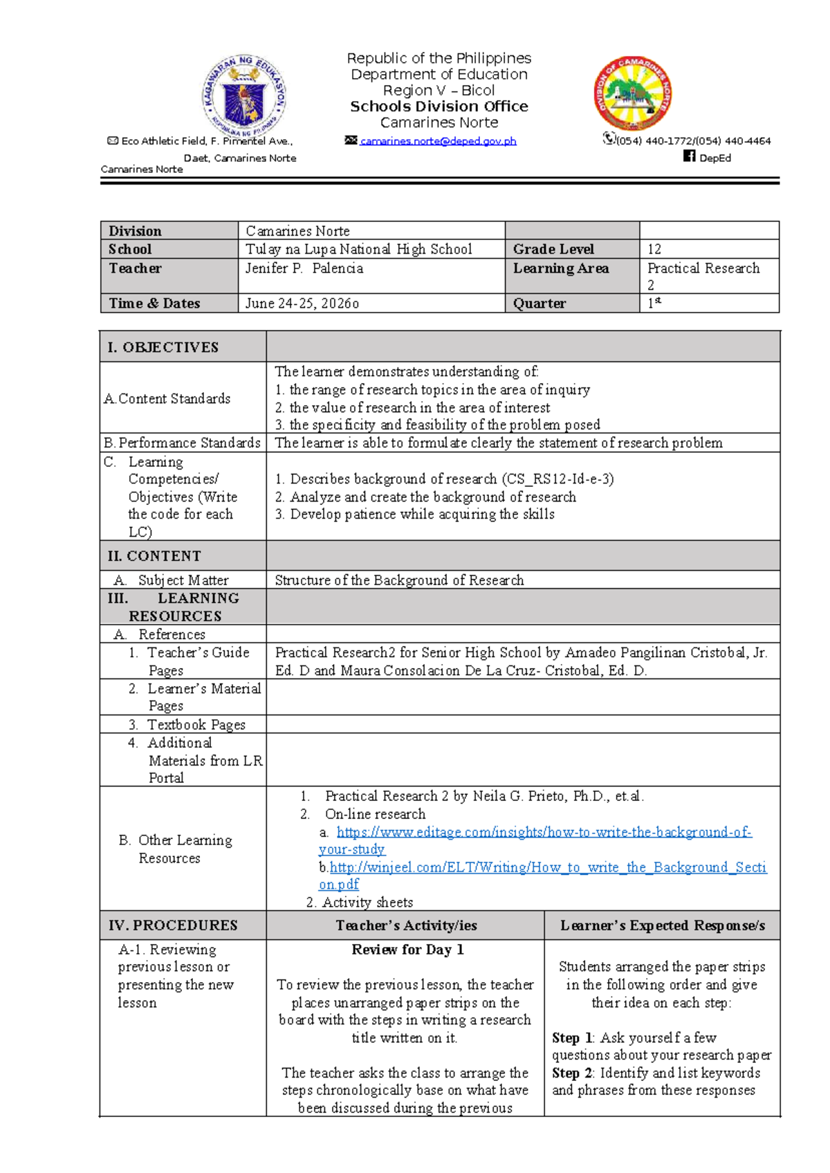 Practical Research 2 (PR2) Lesson Plan: Writing Background of Study ...