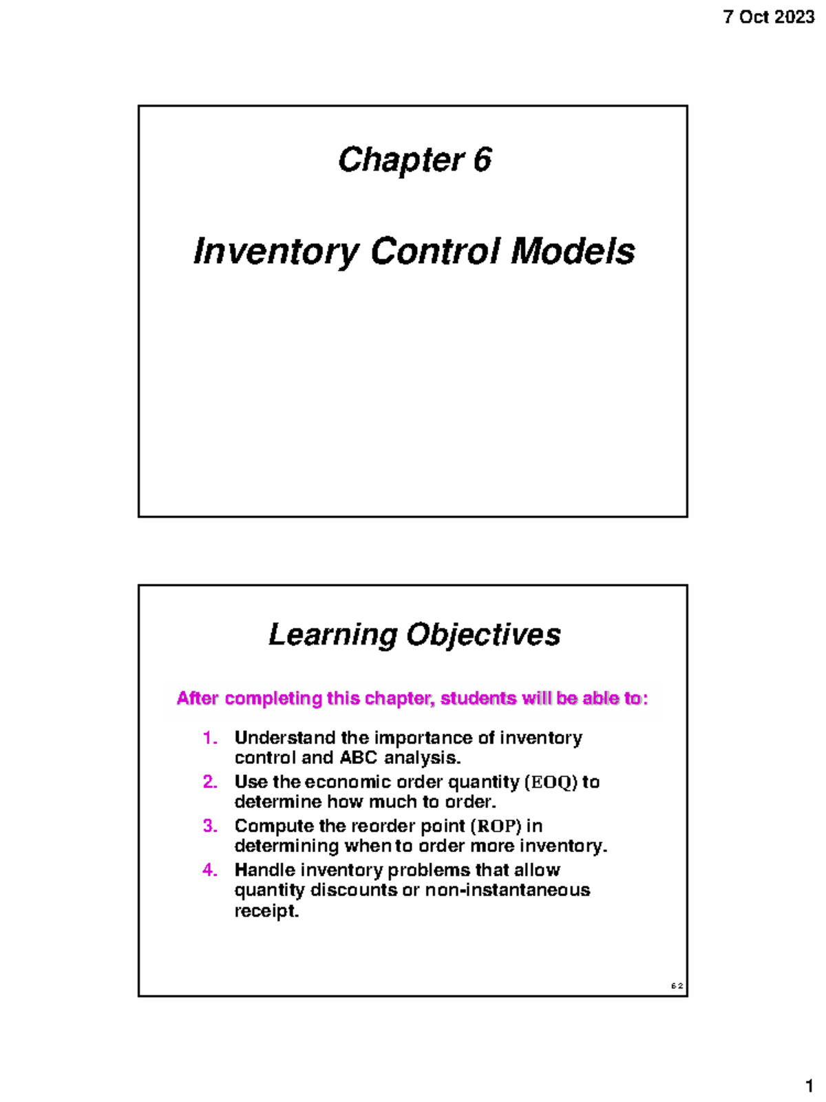 Ch06 Inventory Control Models - Learning Objectives & Key Concepts ...