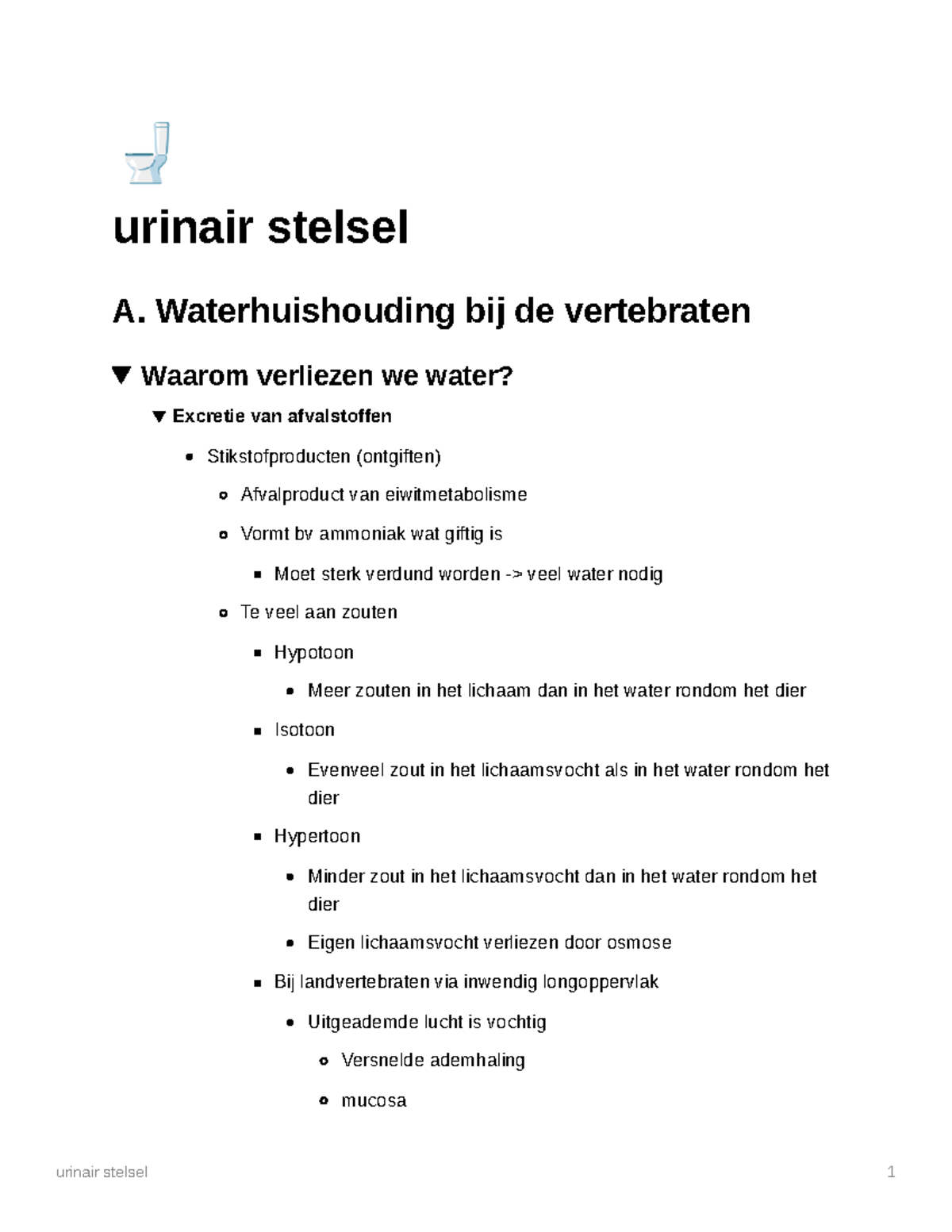 Urinair Stelsel - Cursus A: Waterhuishouding bij Vertebraten - Studocu