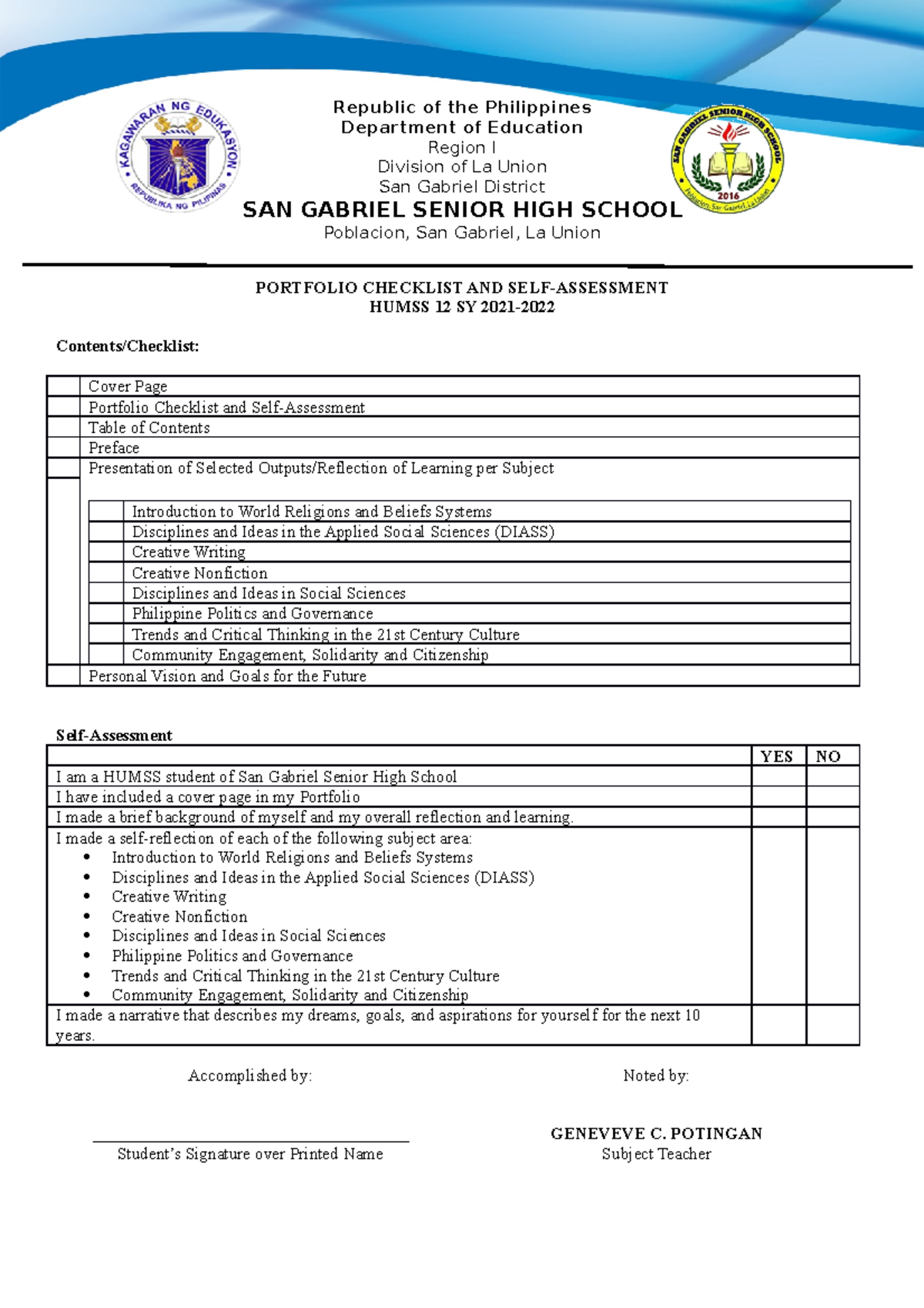 HUMSS 12 Portfolio Checklist and Self-Assessment Guide 2021-2022 - Studocu