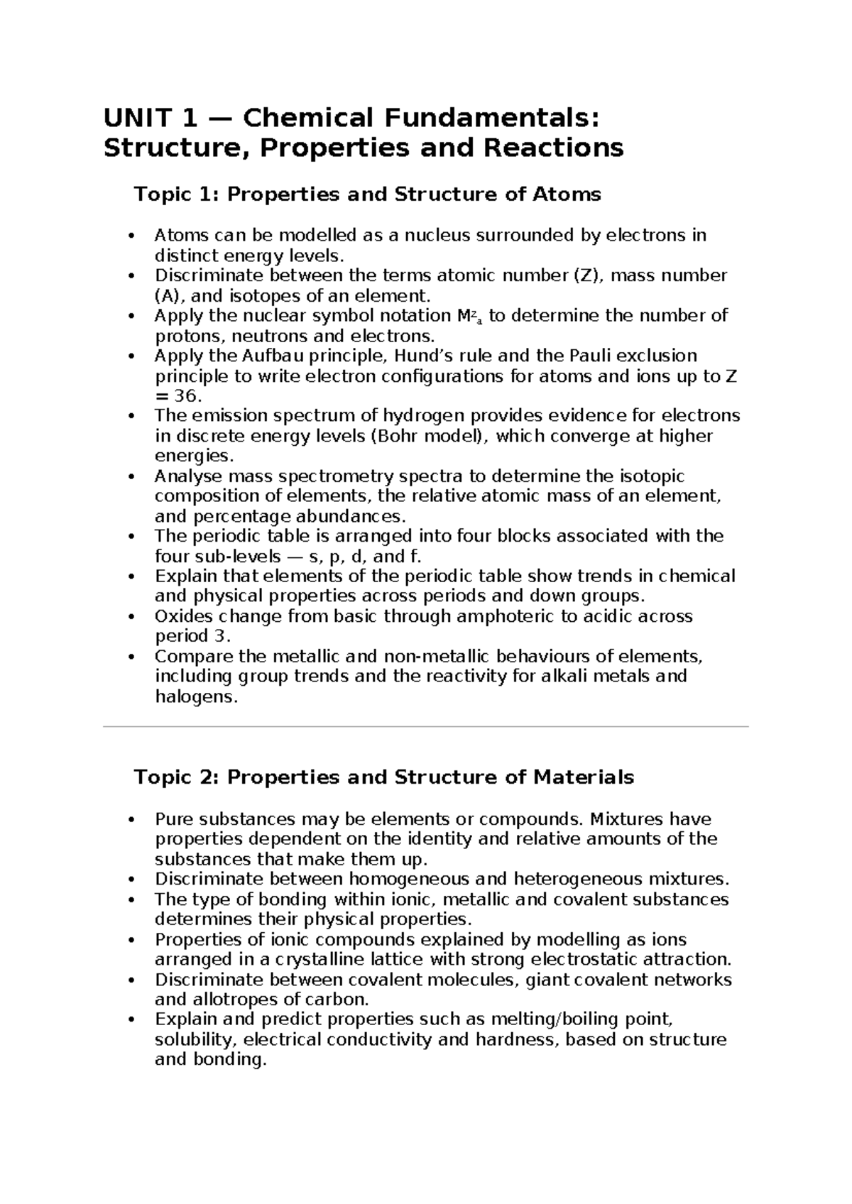 Unit 1 & 2 Chem: Structure, Properties, Reactions & Interactions - Studocu