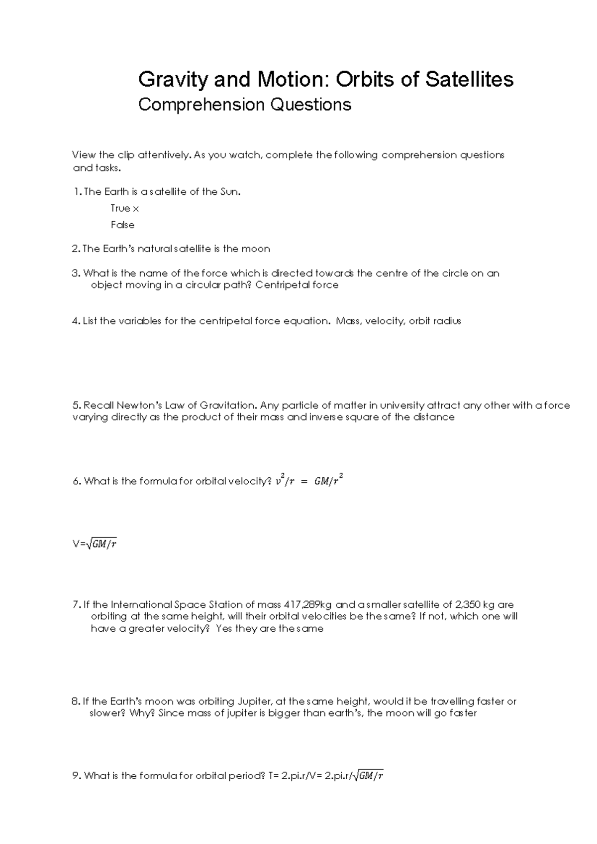 Gravity and Motion: Orbits of Satellites Comprehension Qs (Bridgd 2 ...