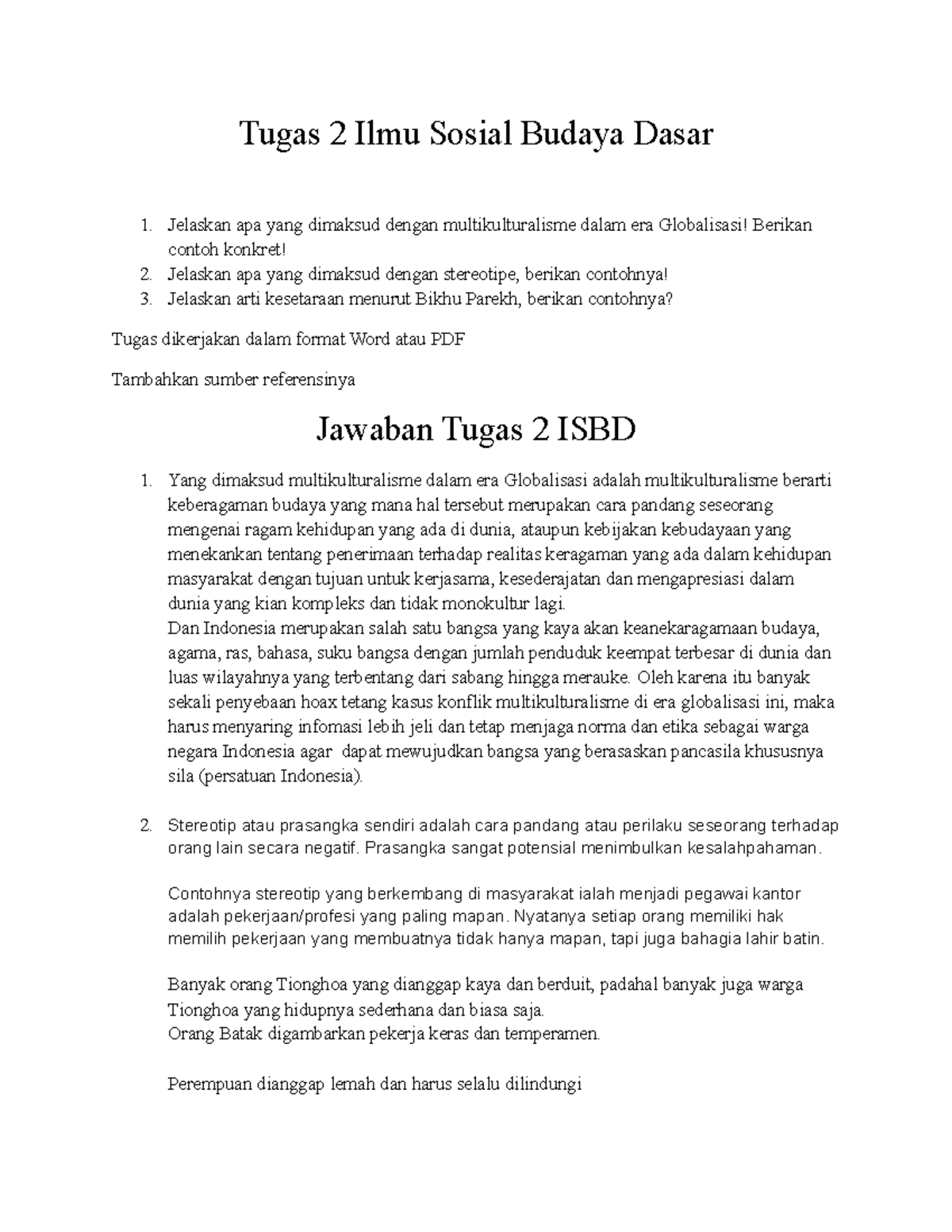 Tugas 2: Multikulturalisme & Stereotipe dalam Ilmu Sosial Budaya Dasar - Studocu