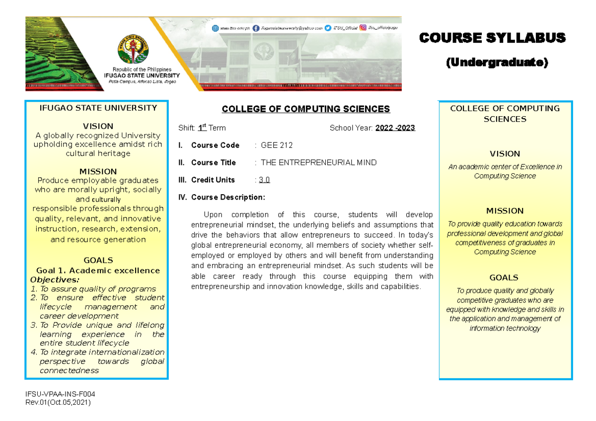 GEE 212: The Entrepreneurial Mind Course Syllabus and Learning Plan - Studocu