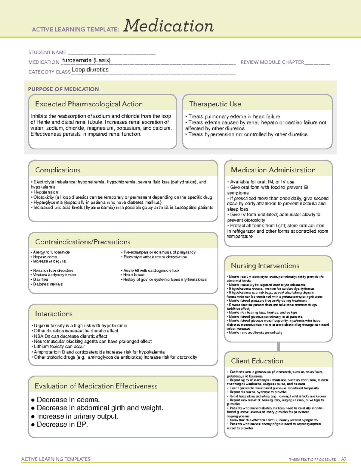 Furosemide (Lasix) Medication Card - Active Learning Template - Studocu