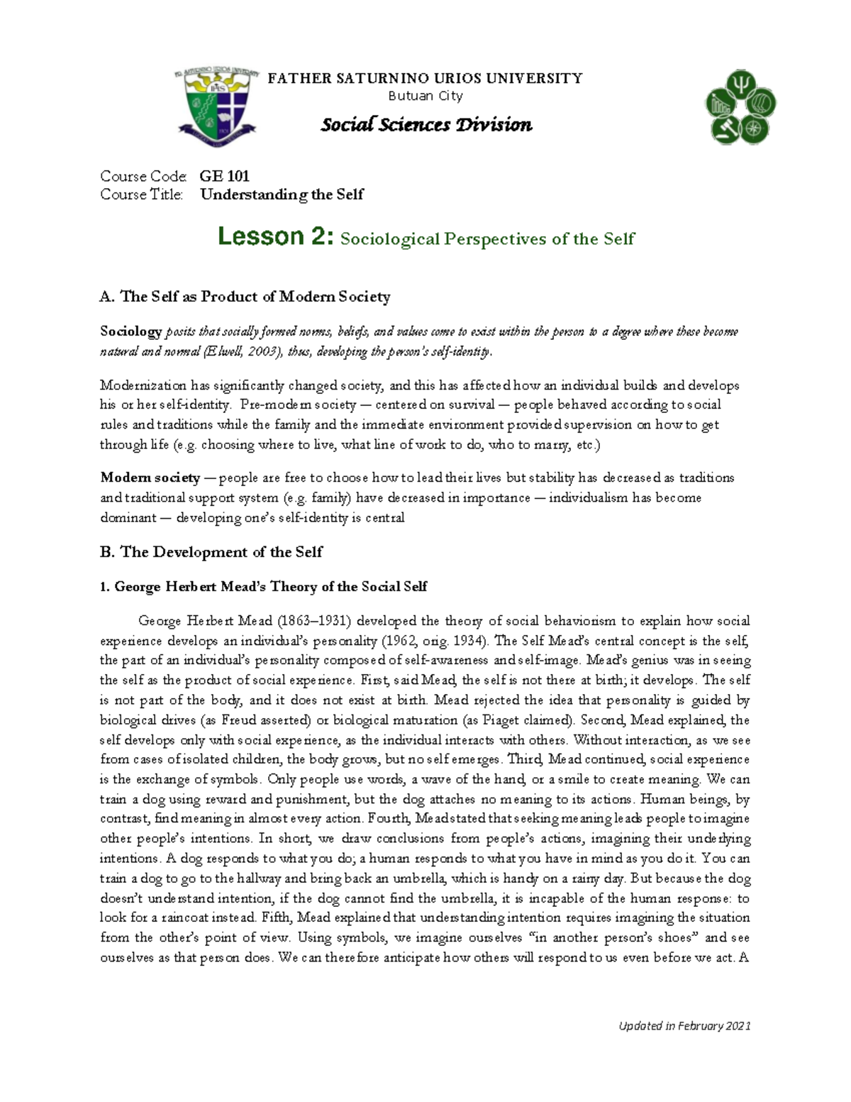 Understanding the Self: Sociological Perspectives (GE 101, Lesson 2 ...