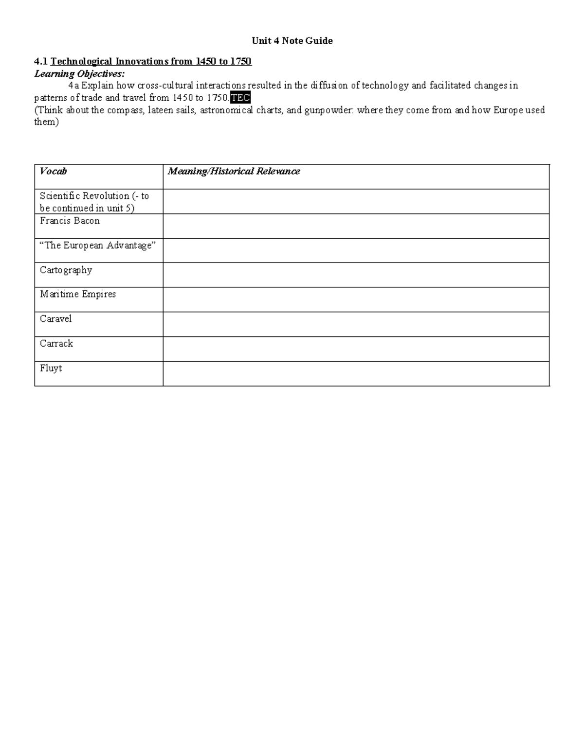 Unit 4 Note Guide: Technological Innovations & Maritime Exploration ...