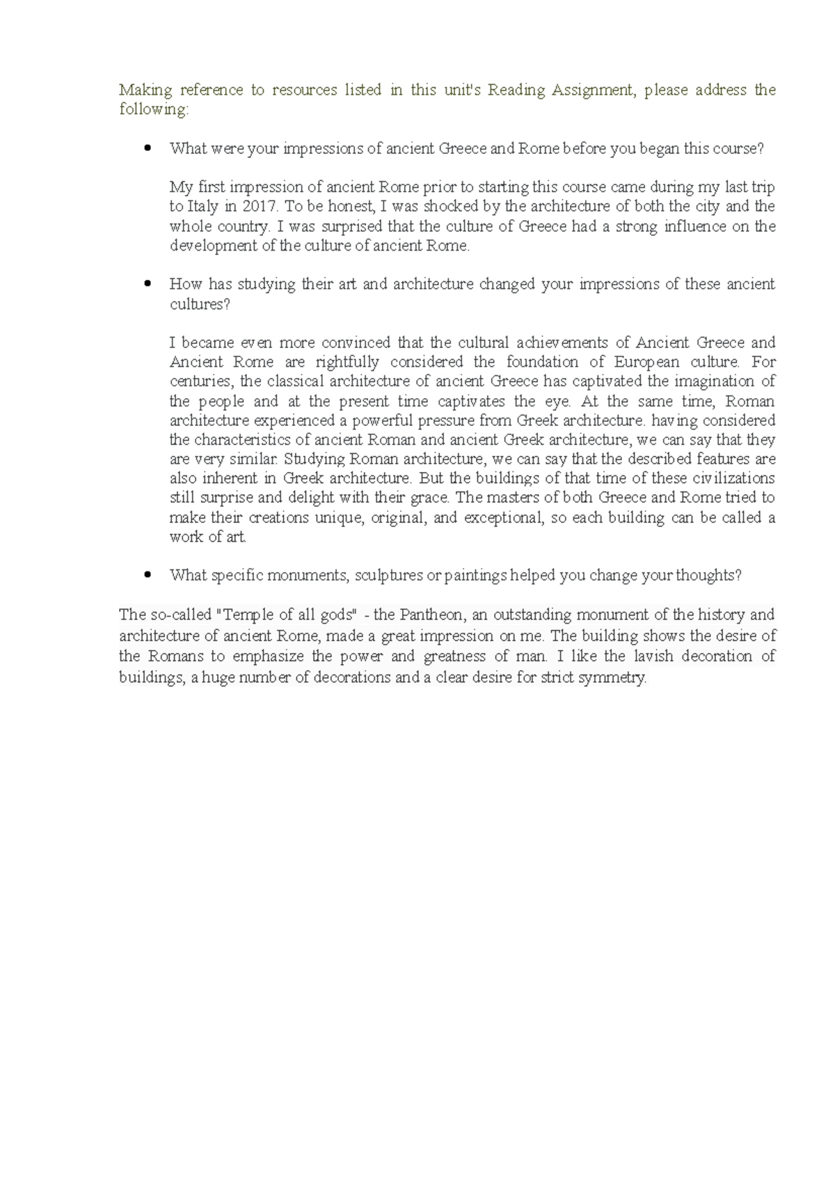 Unit 2 Learning Journal: Impressions of Ancient Greece and Rome - Studocu