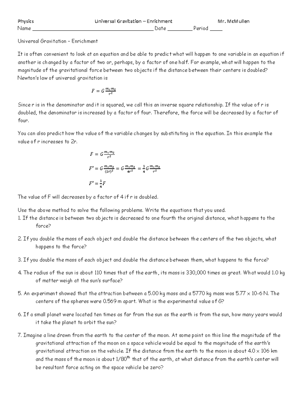 Physics 101: Universal Gravitation Enrichment Worksheet - Studocu