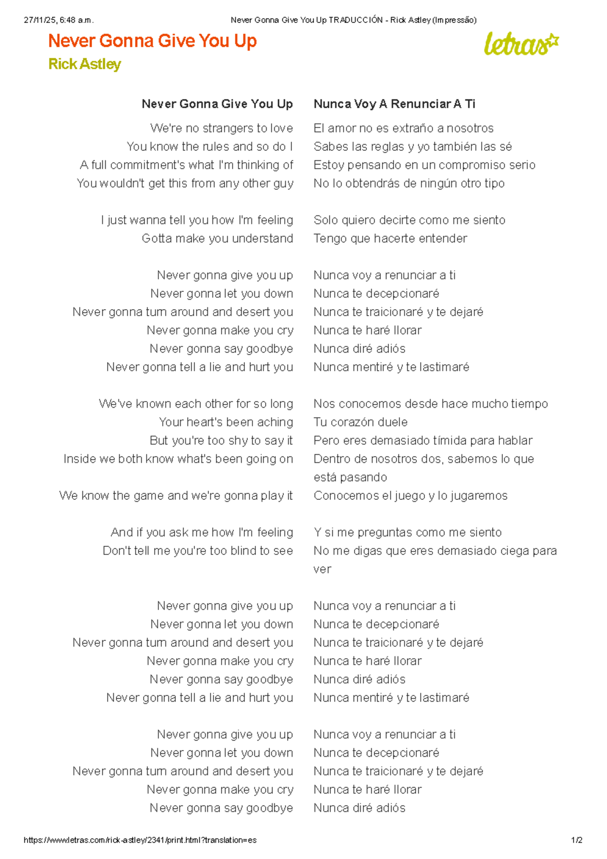 Traducción de "Never Gonna Give You Up" - Rick Astley - Studocu