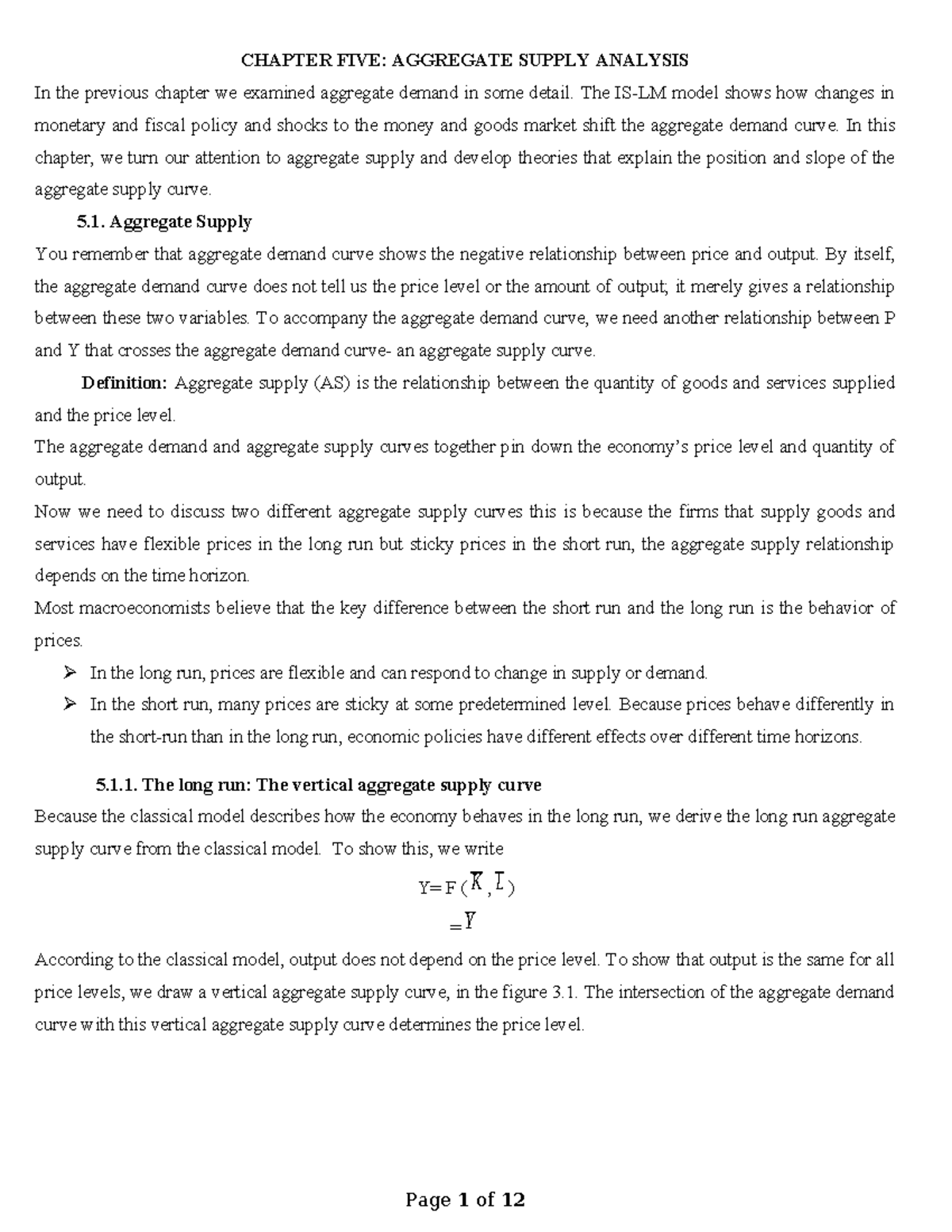 MA 101: Chapter 5 - Aggregate Supply Analysis Lecture Notes - Studocu
