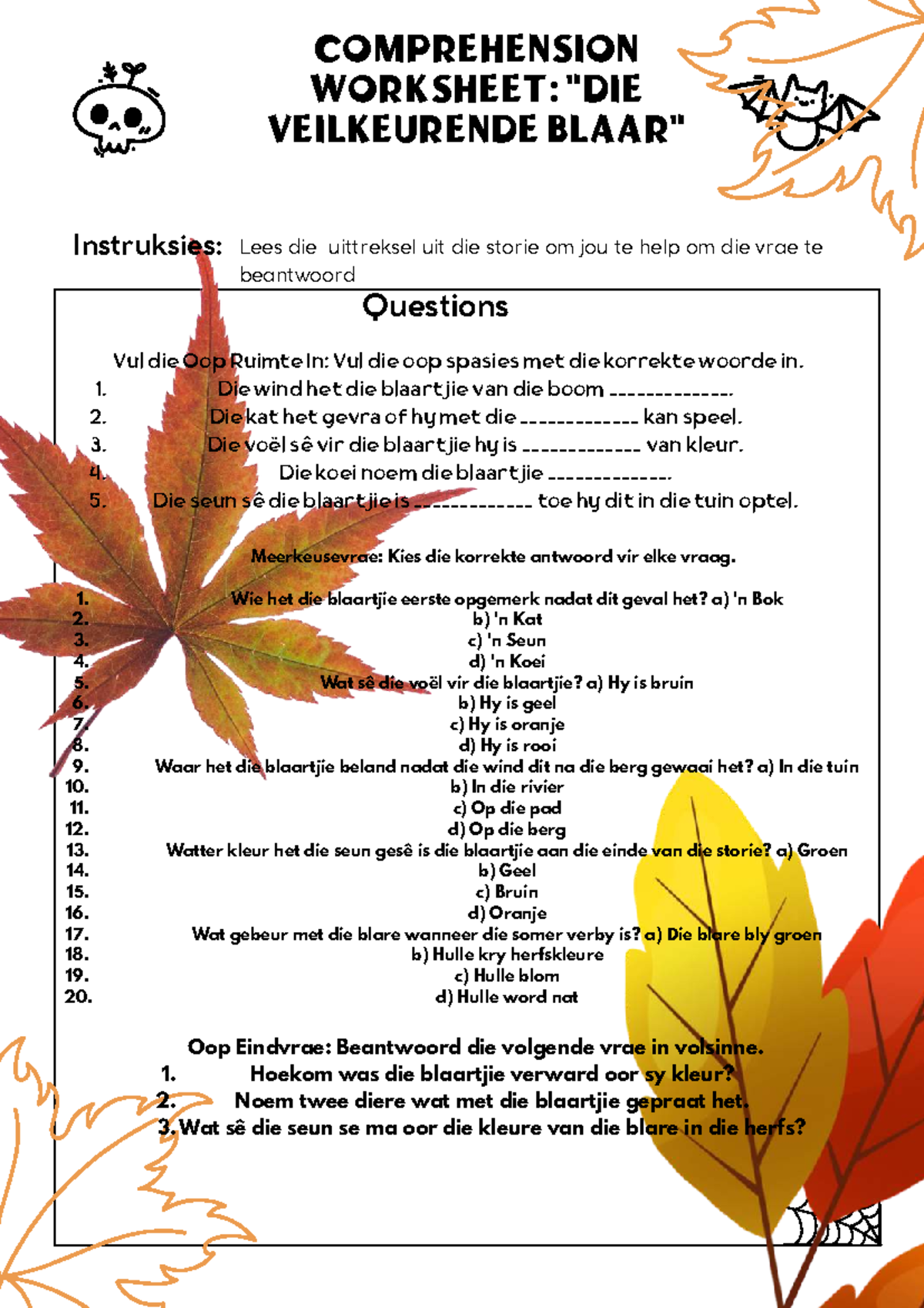 Afrikaans Reading Worksheet: Comprehension Questions & Activities - Studocu