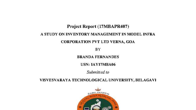Project Report (17MBAPR407): Inventory Management Study at Model Infra ...